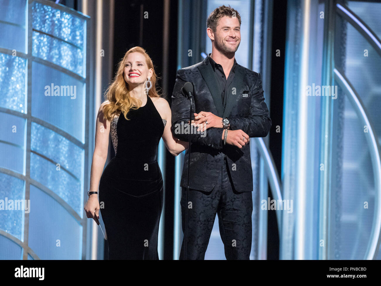 Jessica Chastain and Chris Hemsworth present during the 75th Annual ...