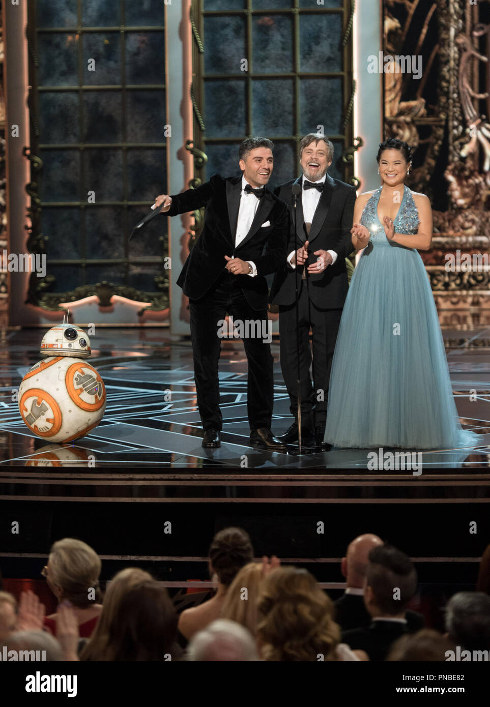 BB-8, Oscar Isaac, Mark Hamill and Kelly Marie Tran present during the ...