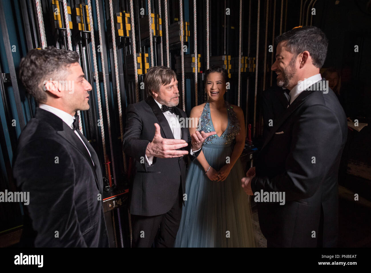 Oscar Isaac, Mark Hamill, Kelly Marie Tran and Jimmy Kimmel backstage ...