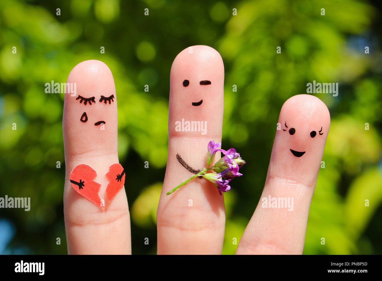 Finger art of people. Man flirts with woman. Other girl is holding ...