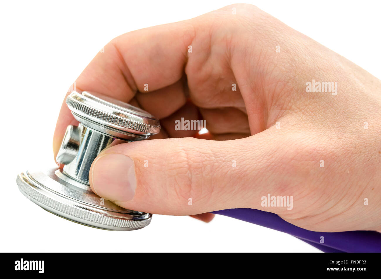 Side view of holding a medical stethoscope. Isolated over white ...