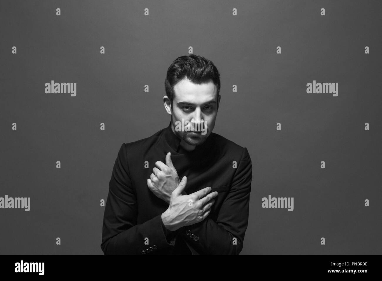 Hands on adult chest Black and White Stock Photos & Images - Alamy