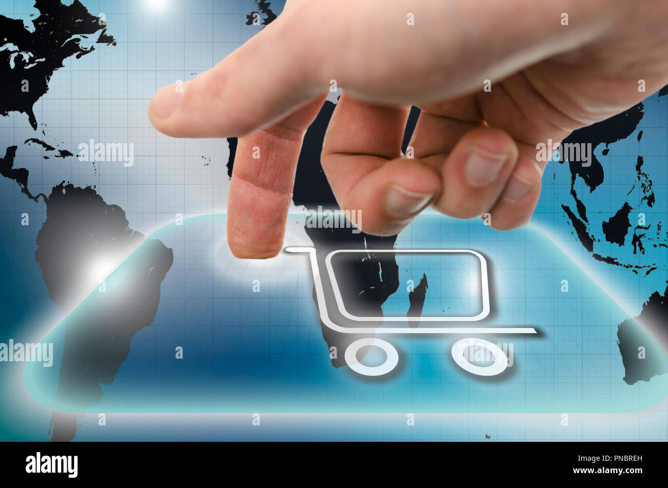 Male hand pressing shopping cart icon on touchscreen Stock Photo - Alamy