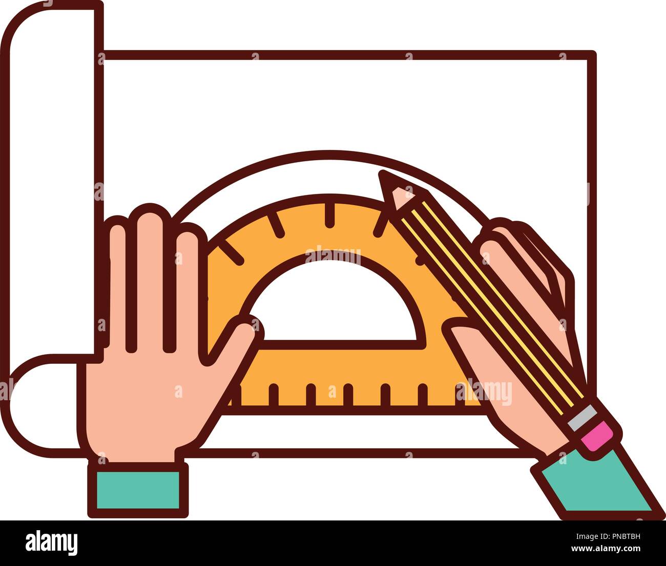 graphic designer hands working with protractor and pencil Stock Vector ...