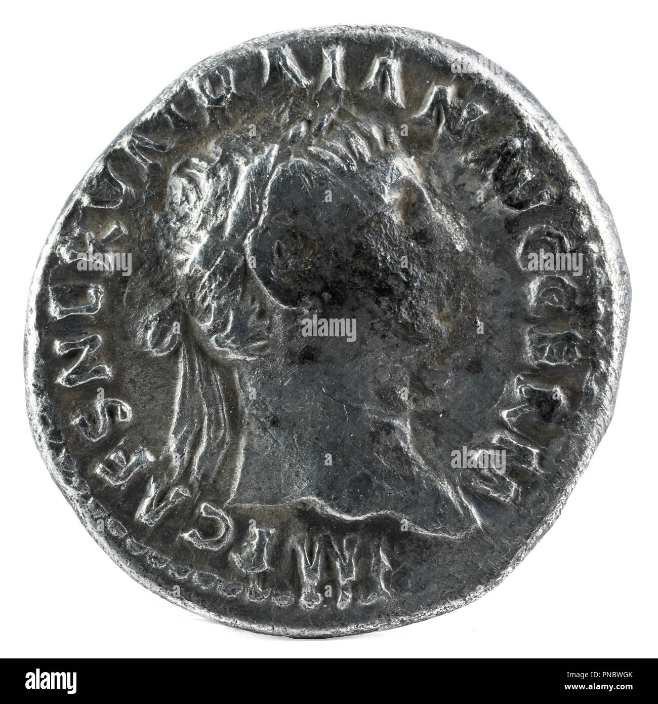 Ancient Roman silver denarius coin of Emperor Trajan. Obverse Stock ...