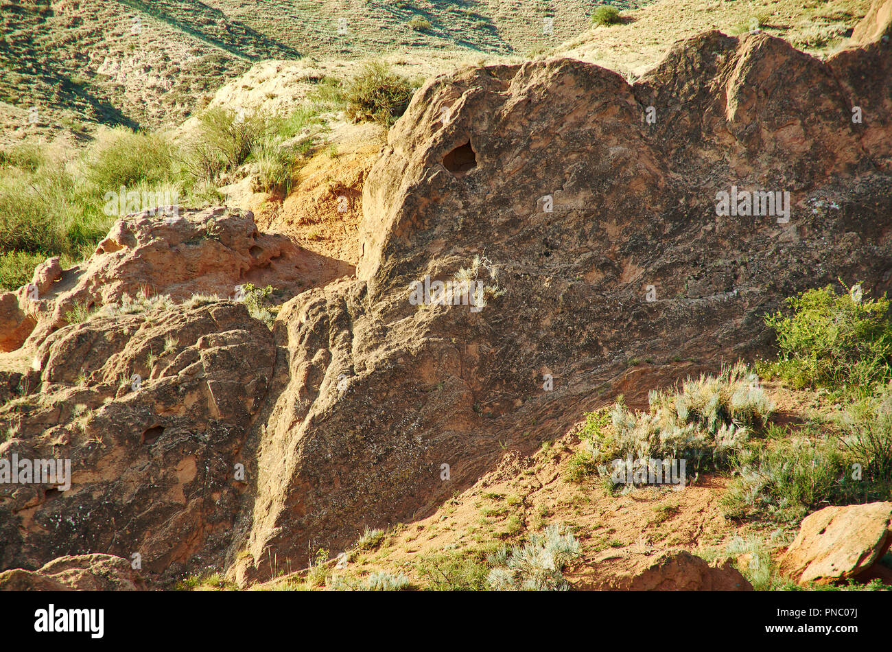 Fairy Tale Canyon, rock formations on the Issyk-Kul lake. Kyrgyzstan ...