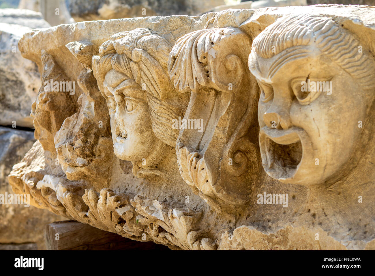Theatrical mask relief of ancient town of Myra in the Lycia region of ...