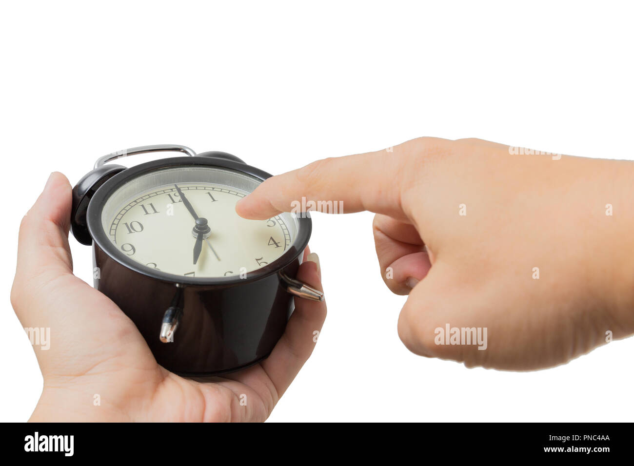 closeup hand point finger at the clock isolated on white, warning for ...