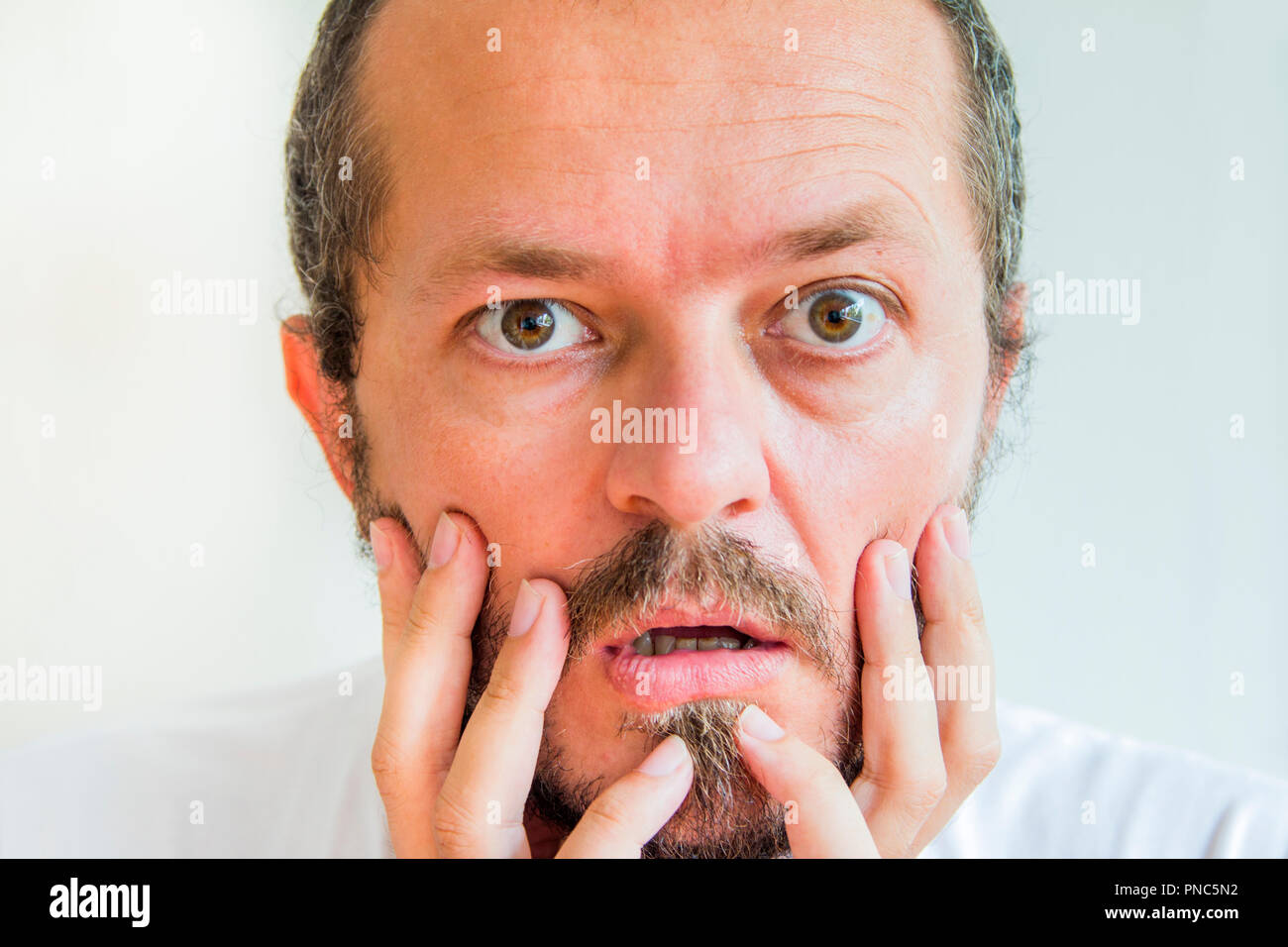 Close up portrait bearded and mustache man, shocked expression Stock ...