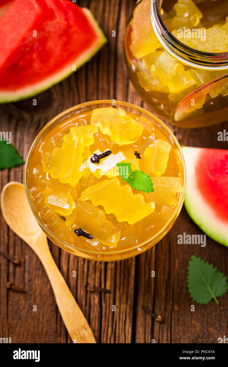 Watermelon Rind Jam Or Candied Watermelon Crusts In Syrup Stock Photo ...