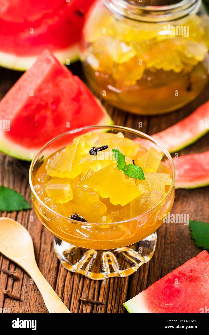 Watermelon Rind Jam Or Candied Watermelon Crusts In Syrup Stock Photo ...