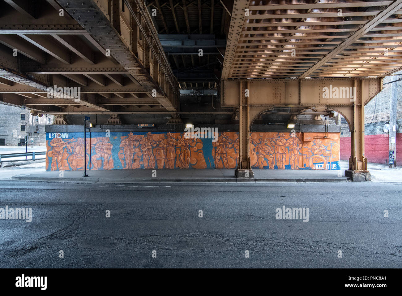Underpass under the L elevated subway train in Uptown Chicago, IL. at ...
