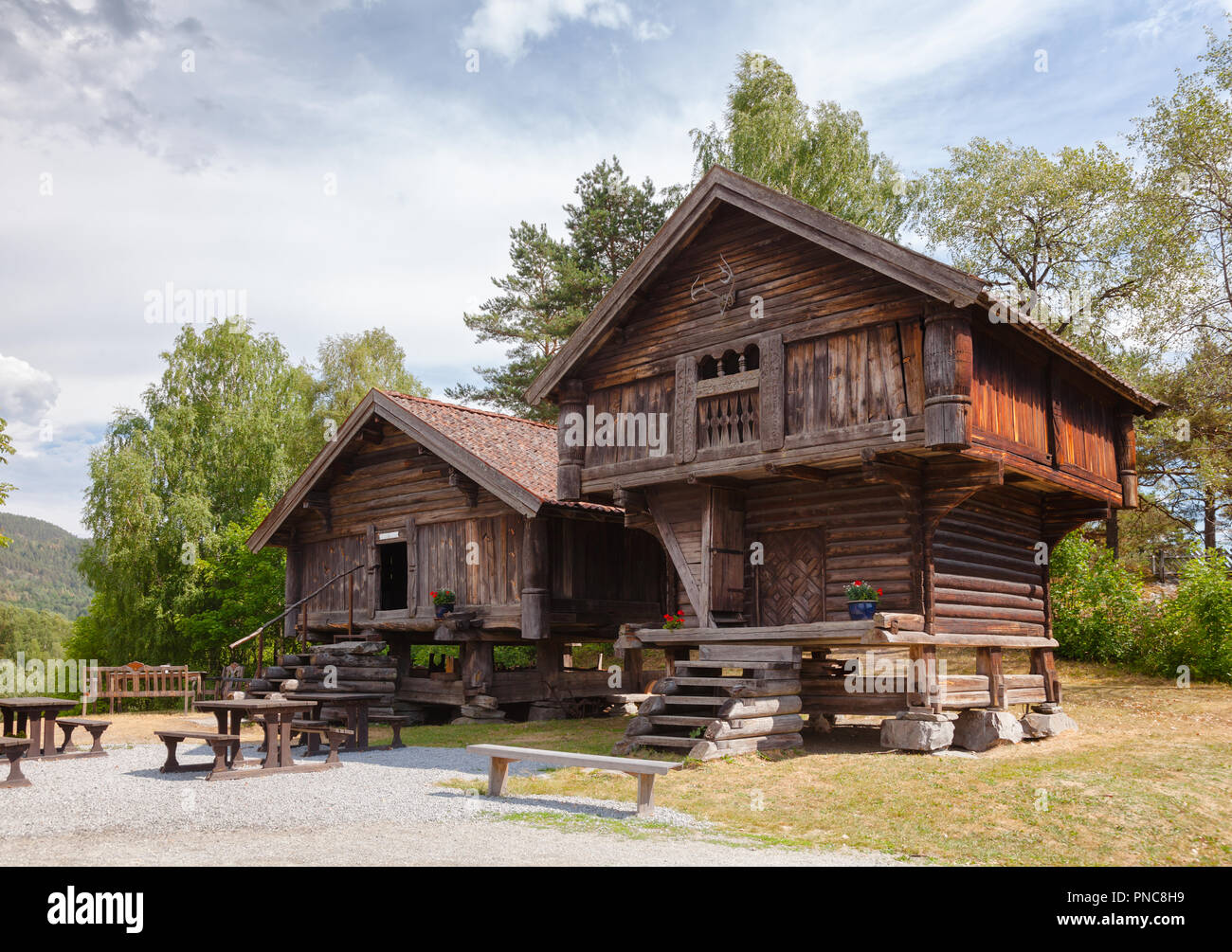 Old traditional Norwegian Stabbur elevated wooden store houses Telemark ...