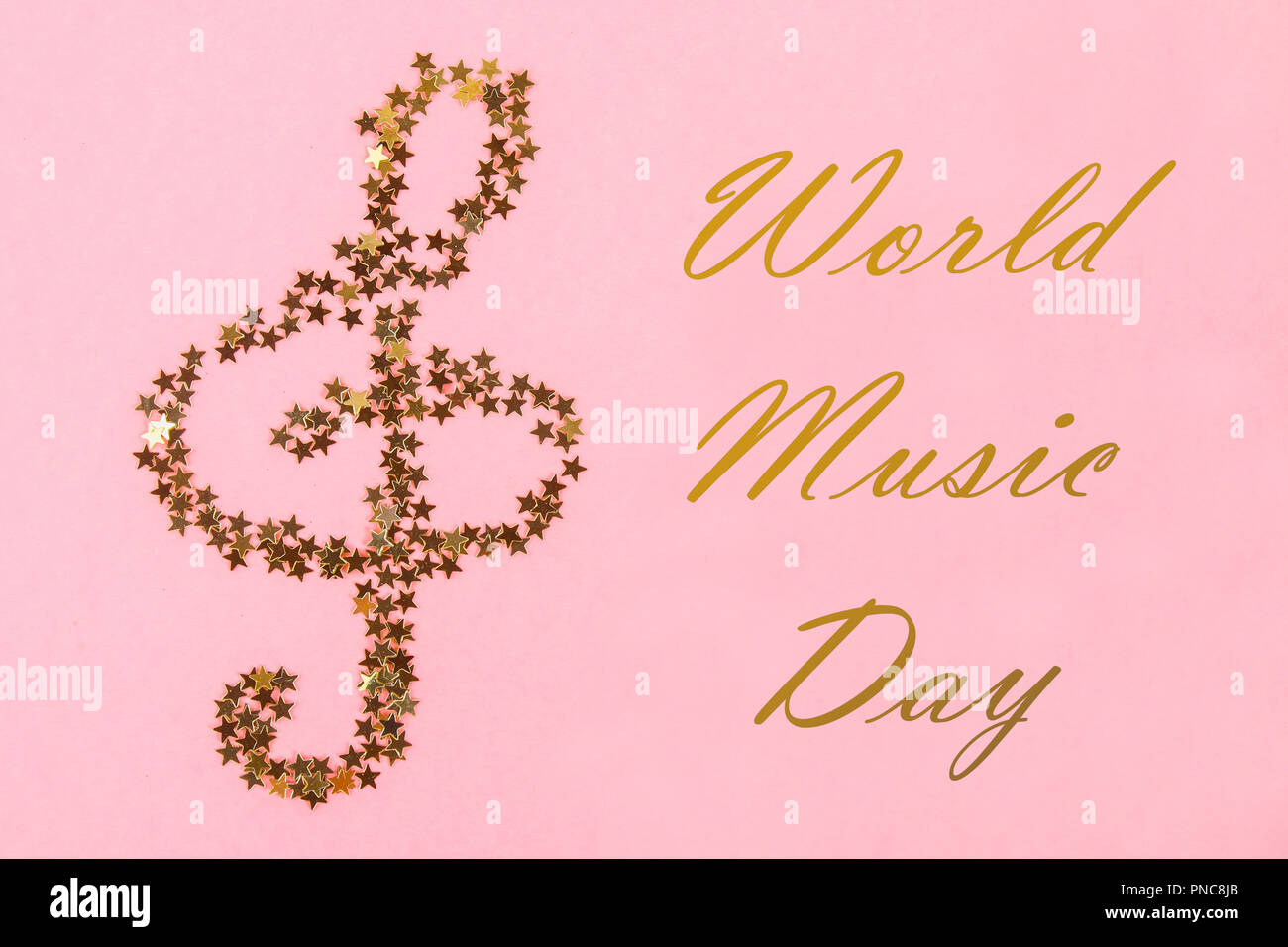 World, international music day. Musical notes of starry golden confetti ...
