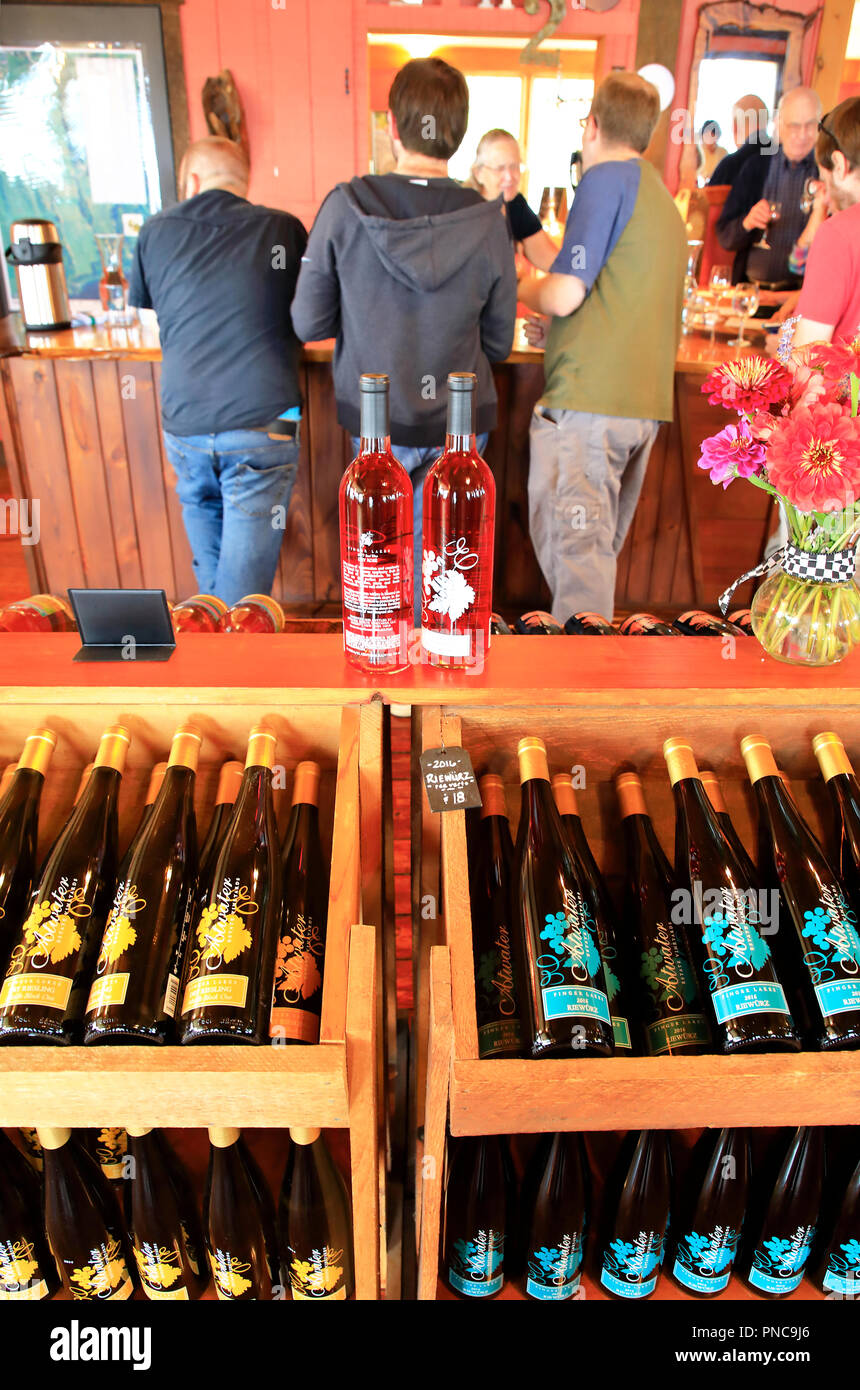 Visitors tasting wines inside of tasting barn and wine store of Ryan ...