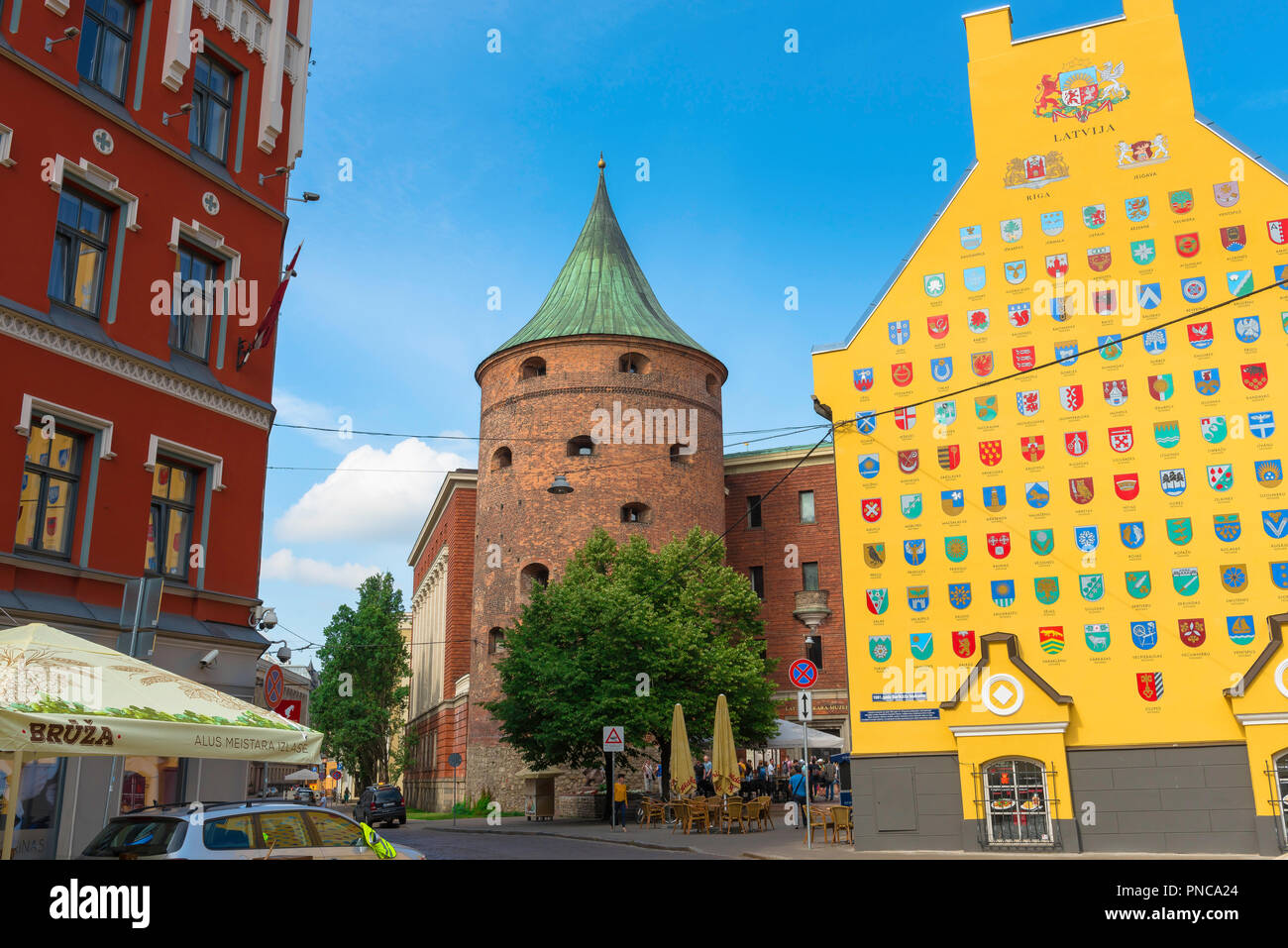 Old Riga Latvia, view of the colorful end wall of the Jacob's Barracks ...