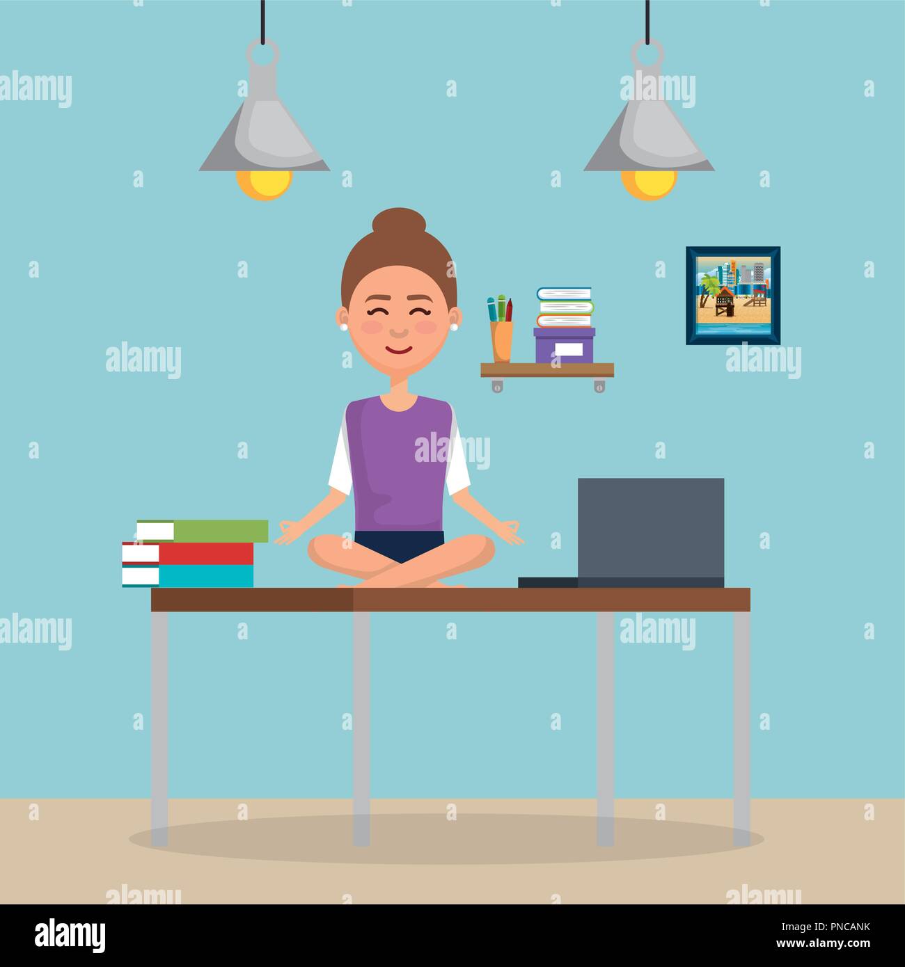 business woman practicing yoga in office desk Stock Vector Image & Art ...