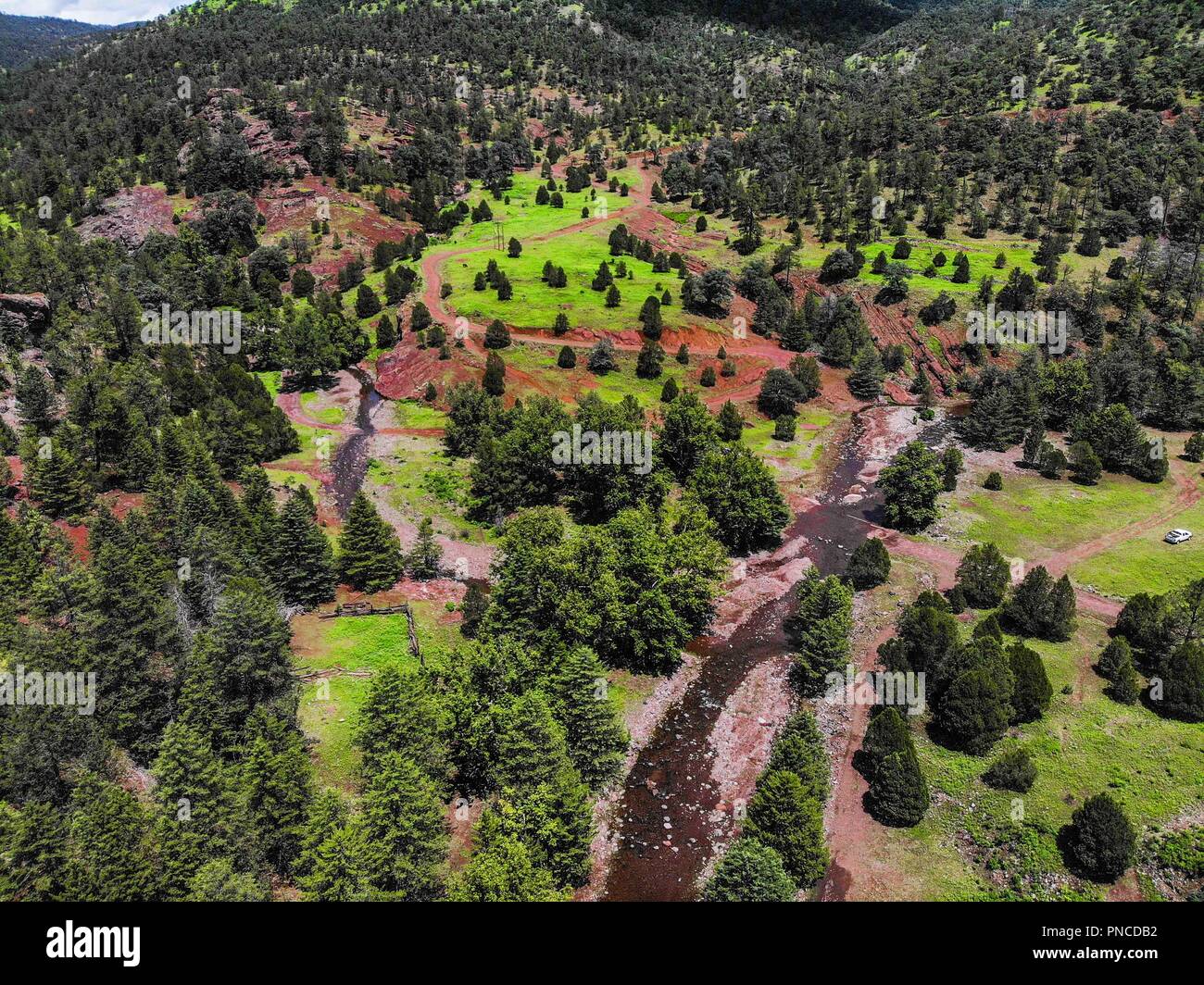 Vista aerea del paisaje, bosque y arroyo La Cueva en en La Mesa Tres ...