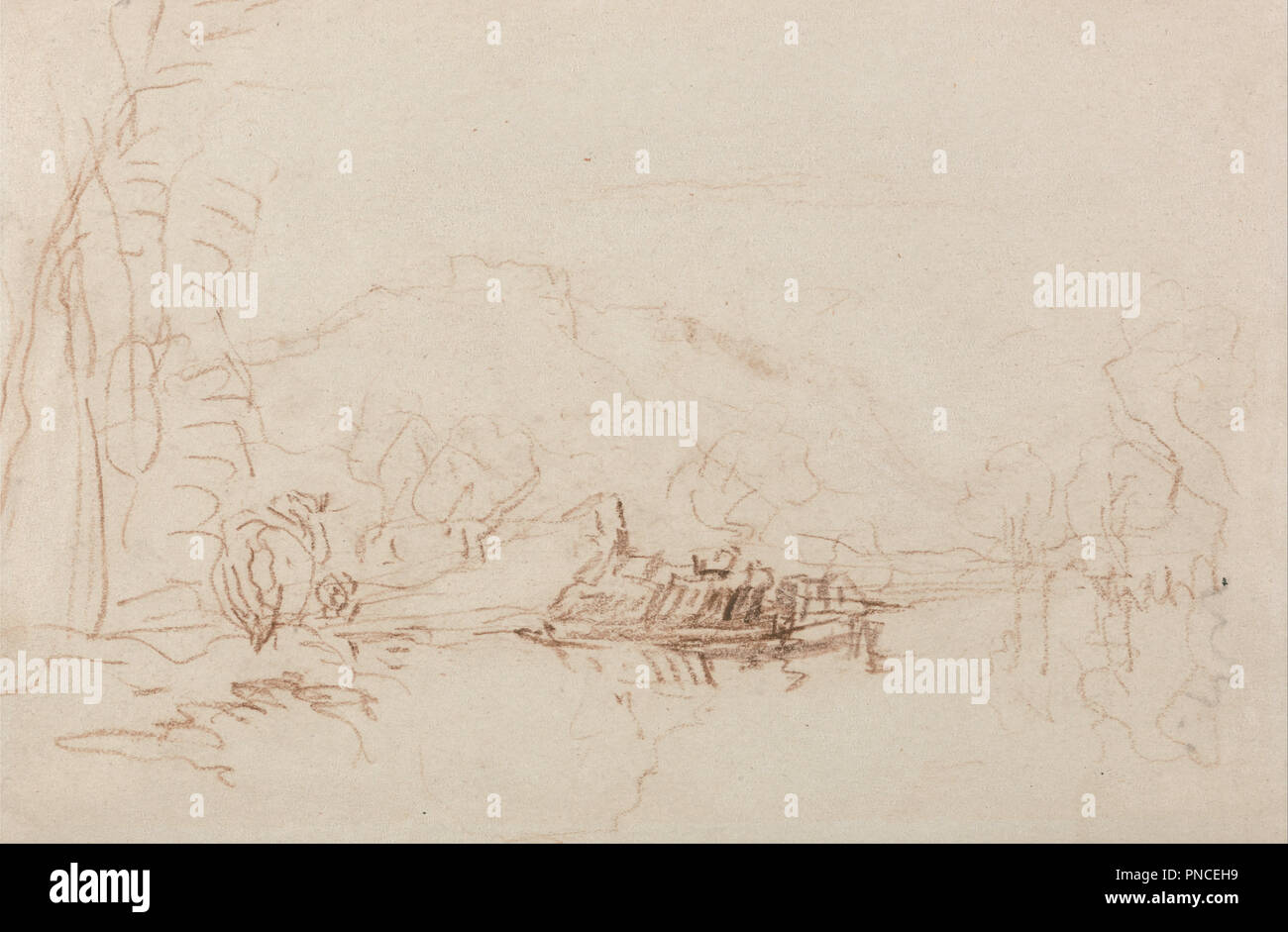 River Scene. Date/Period: 1840s. Drawing. Brown crayon on thick smooth ...