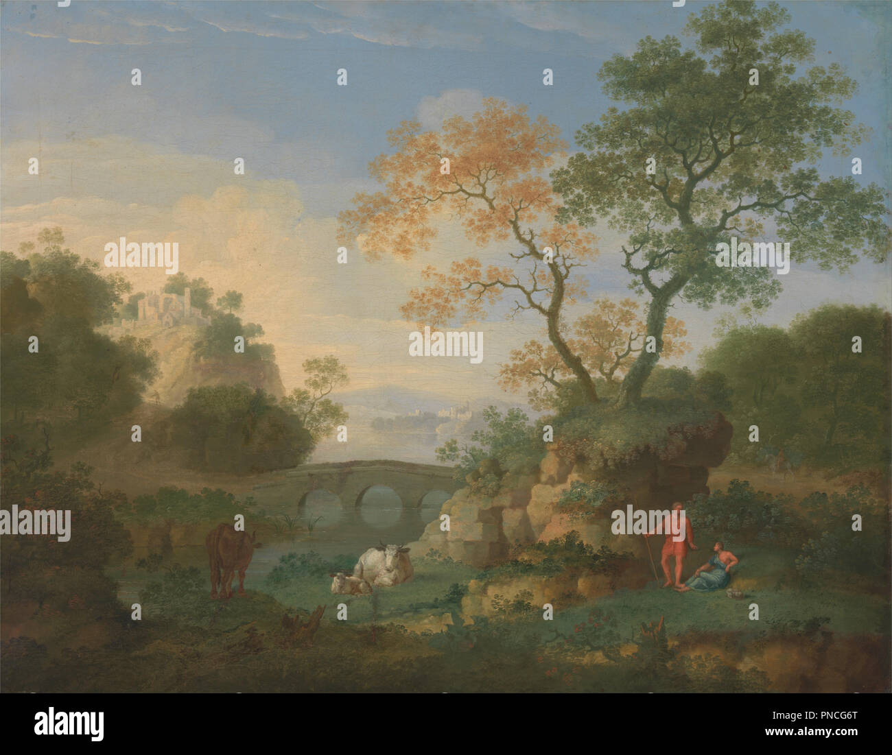 A Landscape with Distant Classical Ruins, a Bridge, Figures, and Cattle ...