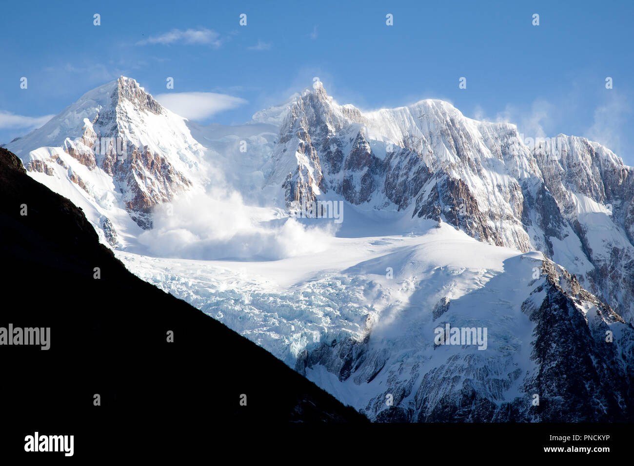 Avalanche falling down the Adela mountain range in Chalten, Argentina ...