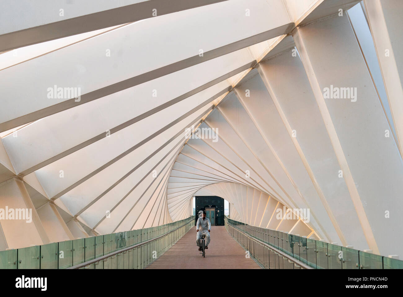 View of footbridge crossing the new Dubai Water Canal a waterway that ...