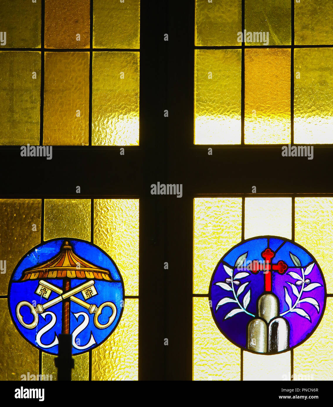 Bologna, Italy - July 15, 2017: Stained Glass of the Umbraculum, Papal ...