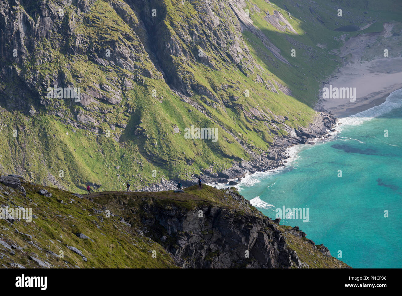Kvalvika beach seen from the summit of Ryten, Lofoten Island, Norway ...