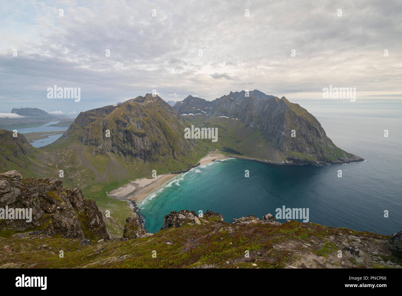 Kvalvika beach seen from the summit of Ryten, Lofoten Island, Norway ...