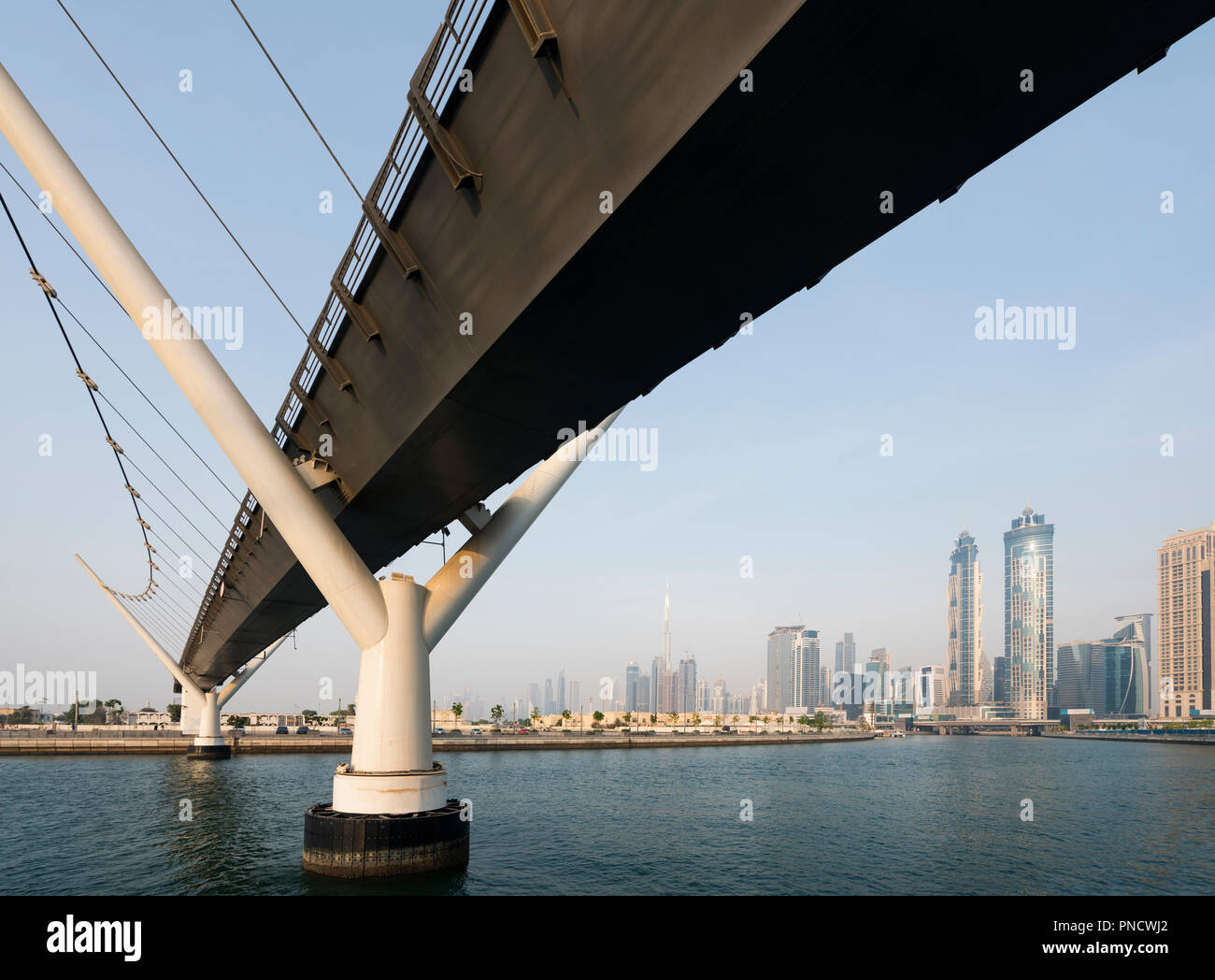 View of footbridge crossing the new Dubai Water Canal a waterway that ...