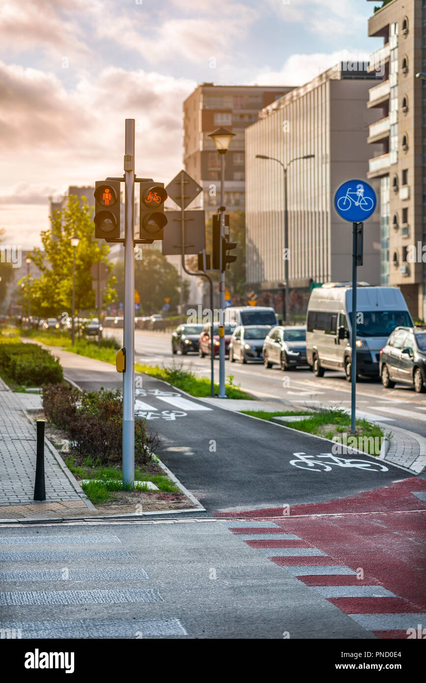bicycle path - horizontal and vertical signs. Red light Stock Photo - Alamy