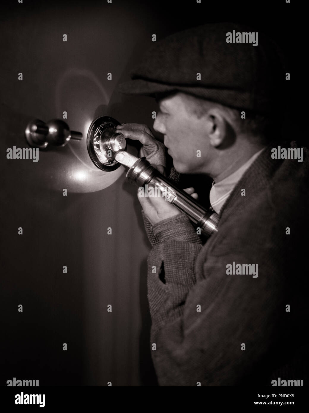 1920s 1930s MAN BURGLAR THIEF USING FLASHLIGHT OPENING COMBINATION ...