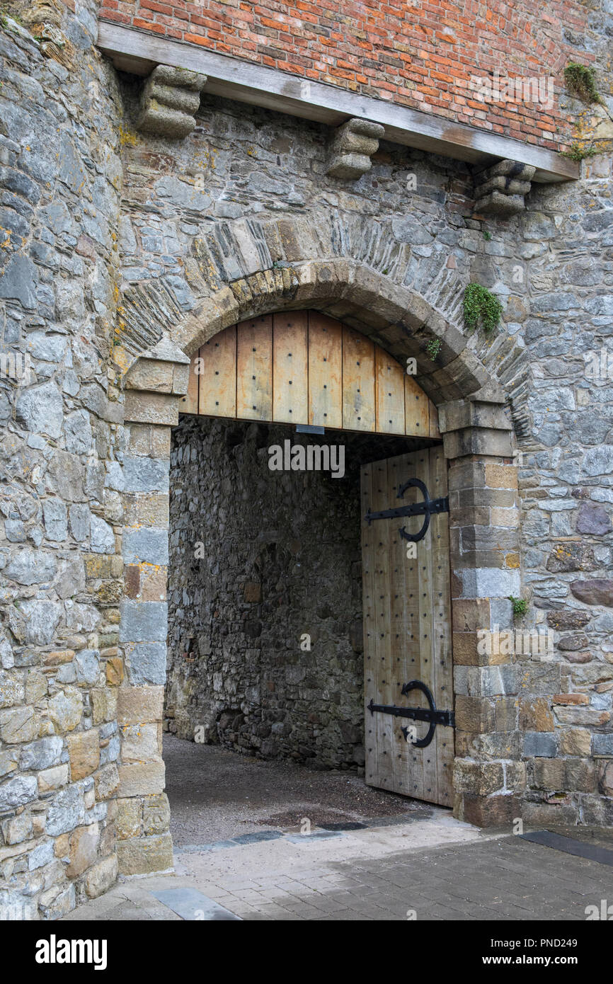 The entrance gate to the historic Dungarvan Castle in County Waterford ...