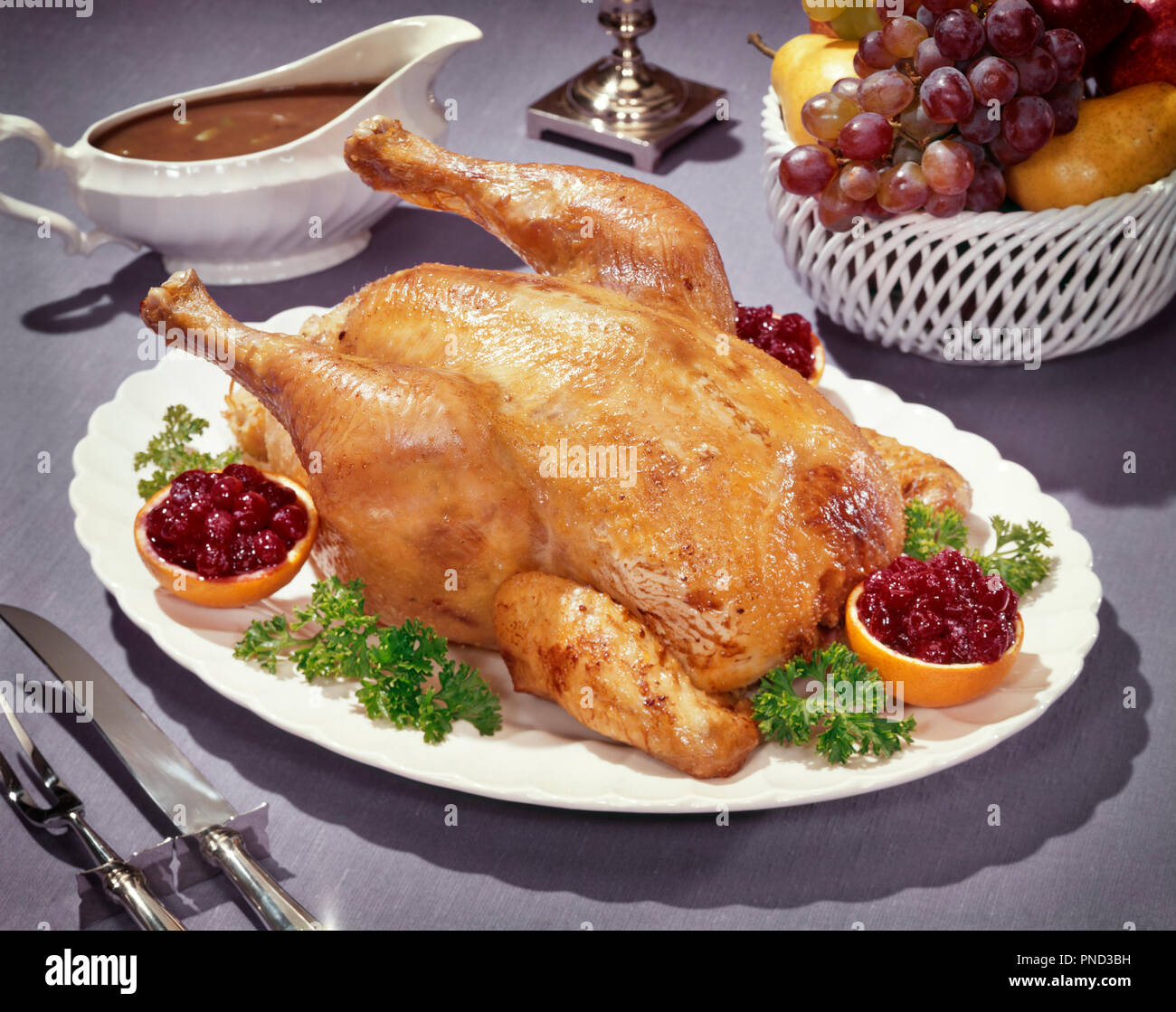 1950s 1960s ROAST CAPON ON PLATTER WITH GRAVY BOAT CRANBERRY SAUCE ...