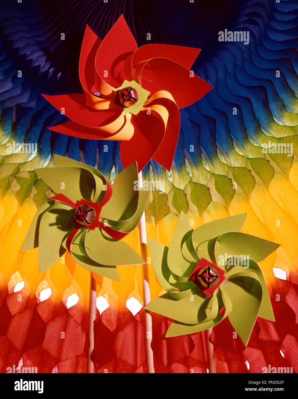 1970s 3 TOY PINWHEELS ON MULTICOLORED PAPER RAINBOW BACKGROUND - ks6957 ...