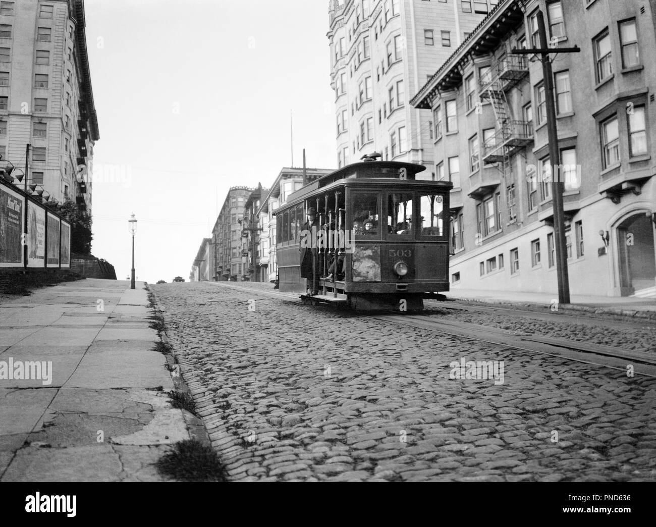 1910s SAN FRANCISCO CABLE CAR GOING UP HILL ON BRICK ROAD CALIFORNIA ...