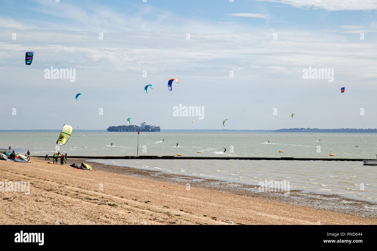 Southend-on-Sea, Essex, England, September 2018, Kite surfers enjoying ...