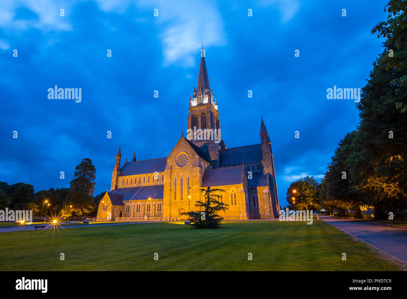 A dusk-time view of the magnificent St. Mary’s Cathedral in Killarney ...