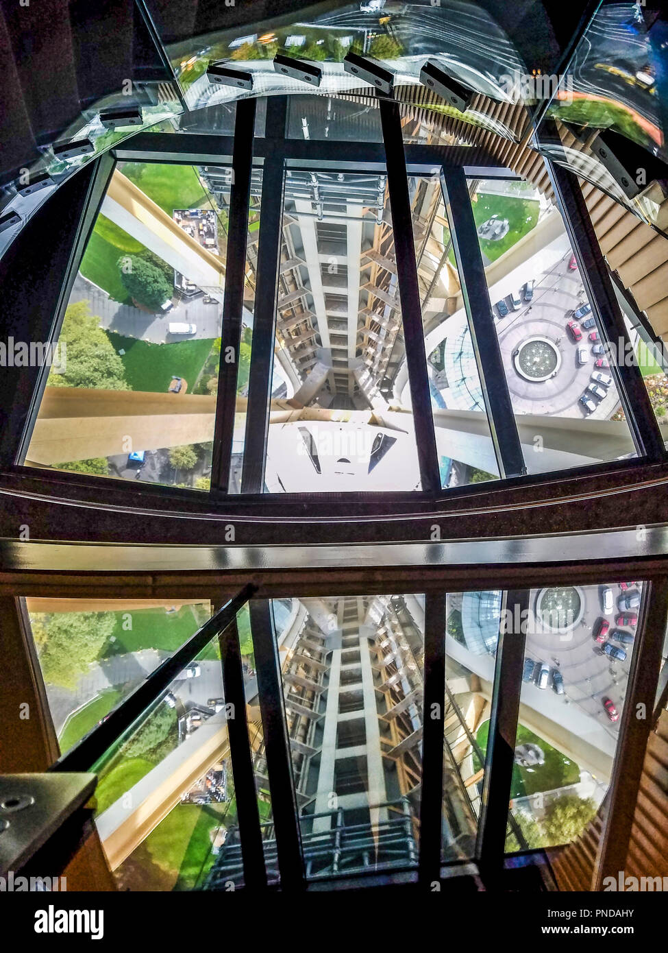 View down the "Oculus Stairs" that link the observation level and glass ...
