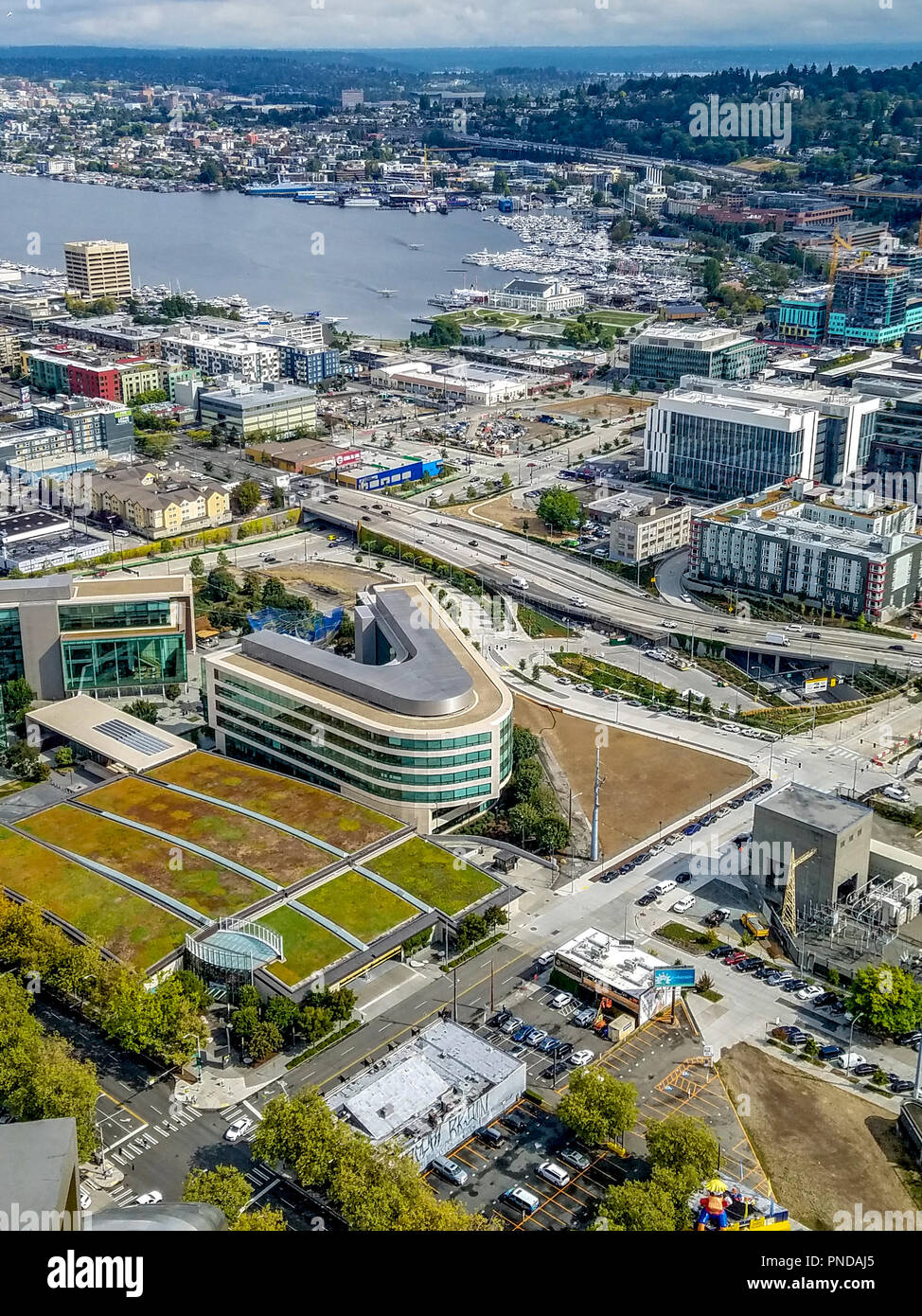 View of downtown Seattle from the observation deck of the Space Needle ...