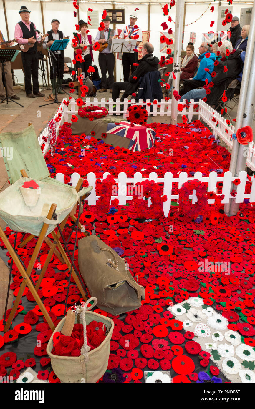 A war memorial display with knitted poppies at the Westmorland County ...