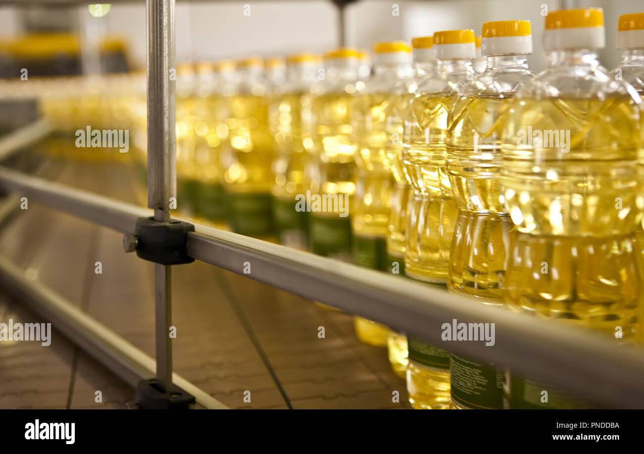 Sunflower oil in the bottle moving on production line. Shallow dof ...