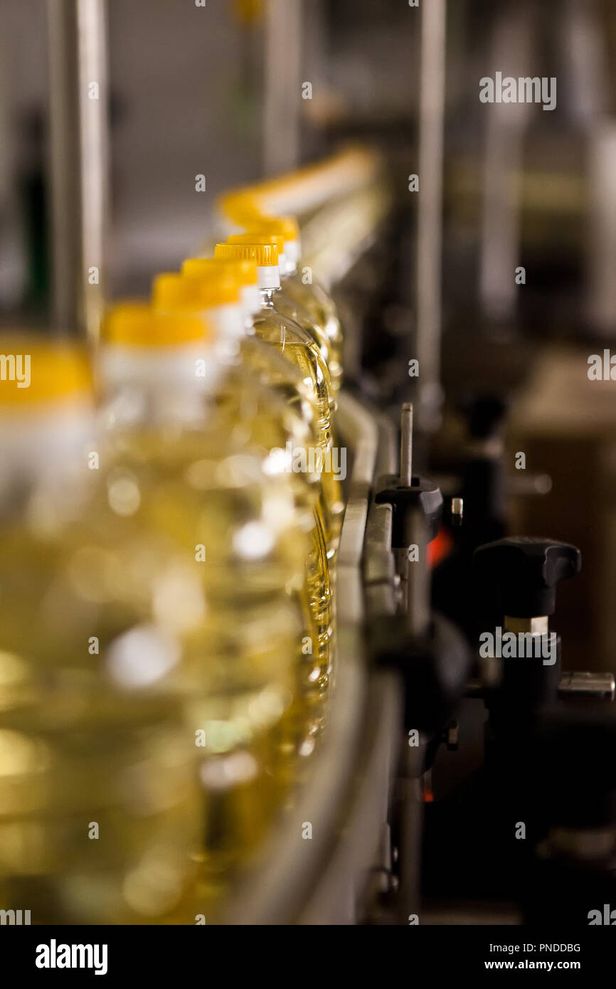 Sunflower oil in the bottle moving on production line. Shallow dof ...