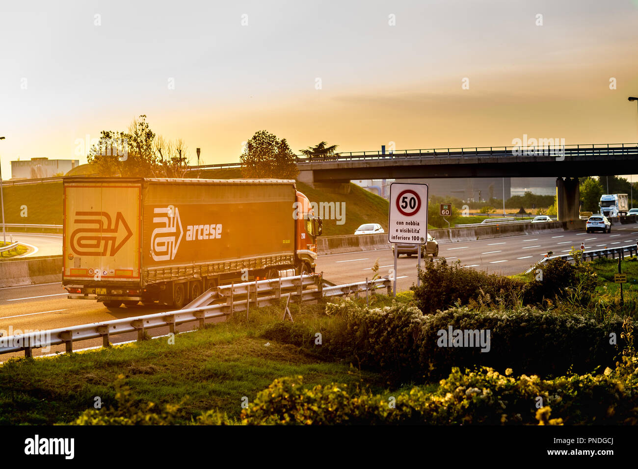 FAENZA (RA), ITALY - SEPTEMBER 20, 2018: truck with ARCESE logo running ...