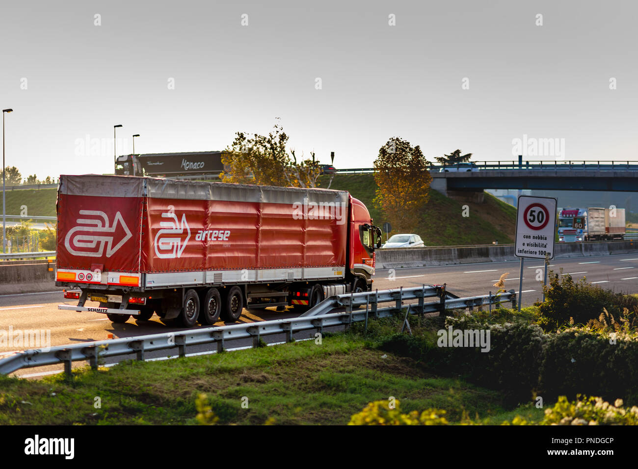 FAENZA (RA), ITALY - SEPTEMBER 20, 2018: truck with ARCESE logo running ...
