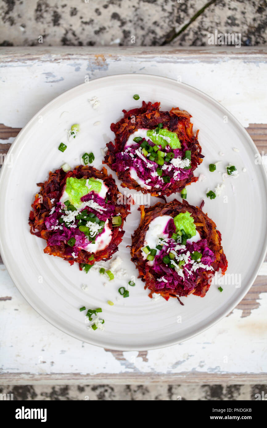 Beetroot rosti with horseradish, cream and chives Stock Photo - Alamy