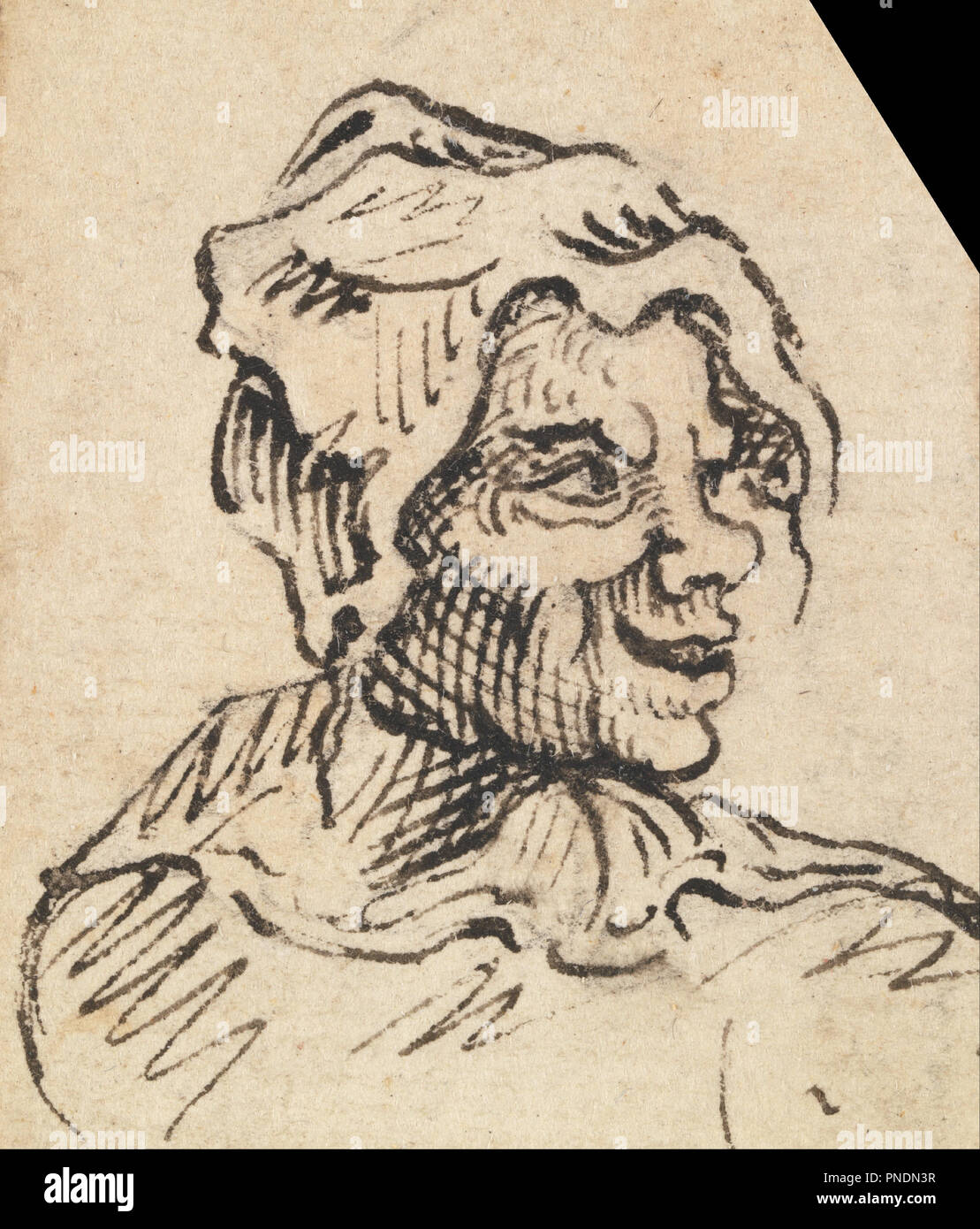 Grotesque Female Head. Drawing. Black ink with gray wash on medium ...