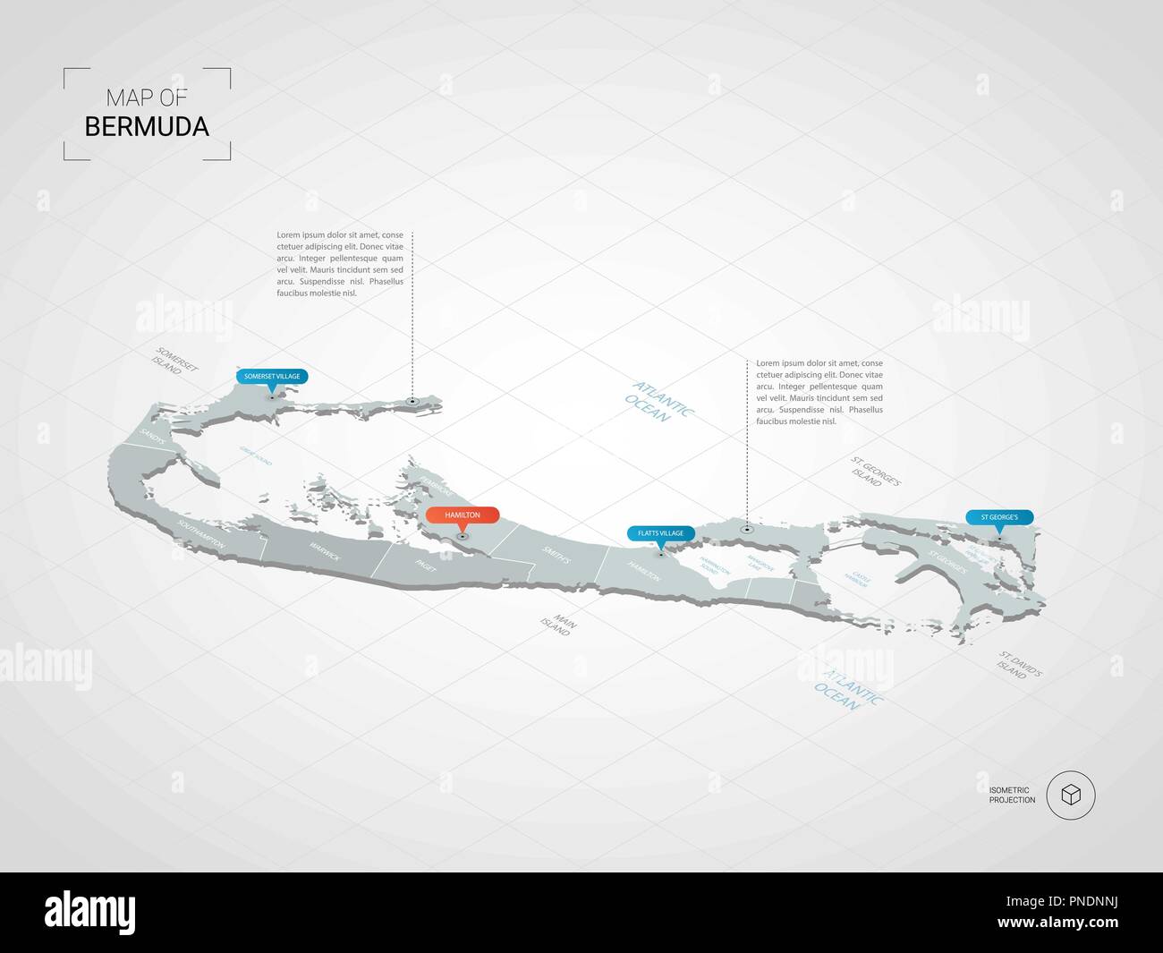 Isometric 3D Bermuda map. Stylized vector map illustration with cities ...