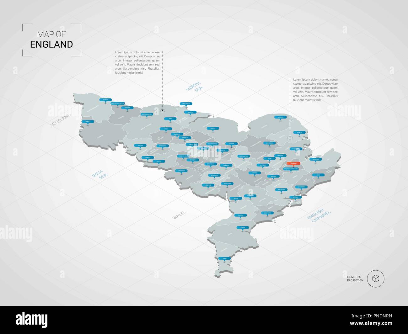 Isometric 3D England map. Stylized vector map illustration with cities ...