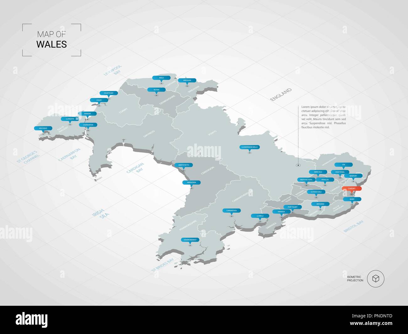 Isometric 3D Wales map. Stylized vector map illustration with cities ...